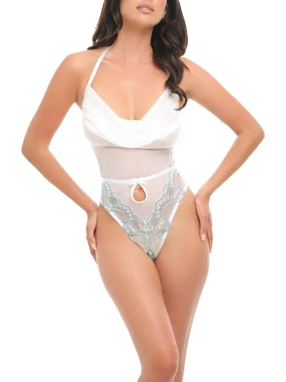 OH LA LA CHERI Victoria Drape Neck Teddy - Bright White/milky Blue