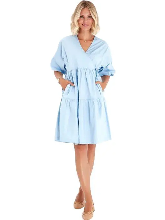 ACCOUCHEE Waterfall Tie Waist A-line Maternity/nursing Wrap Dress - Baby Blue