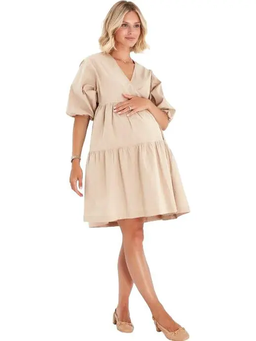 ACCOUCHEE Waterfall Tie Waist A-line Maternity/nursing Wrap Dress - Beige