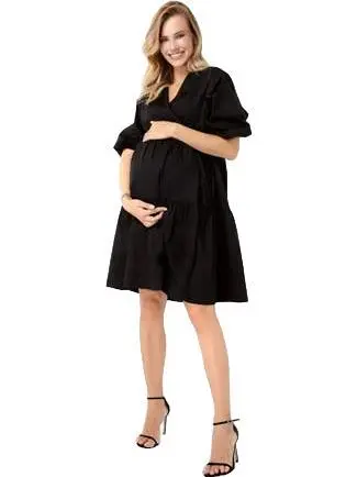 ACCOUCHEE Waterfall Tie Waist A-line Maternity/nursing Wrap Dress - Black