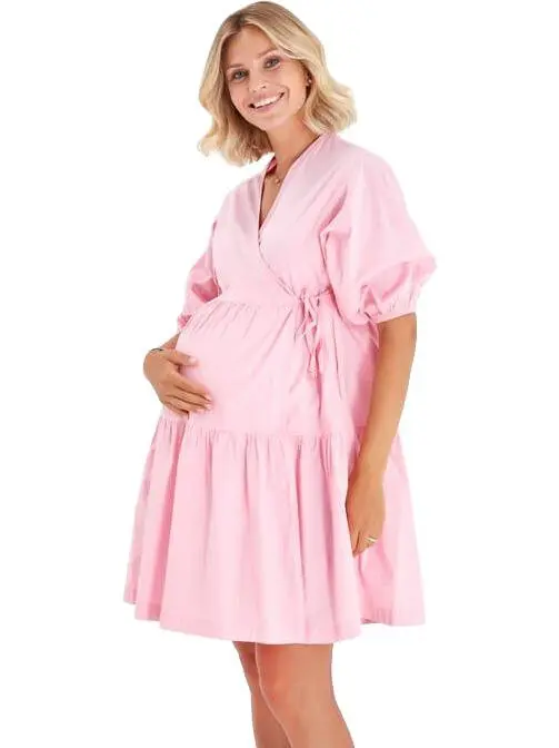 ACCOUCHEE Waterfall Tie Waist A-line Maternity/nursing Wrap Dress - Pink