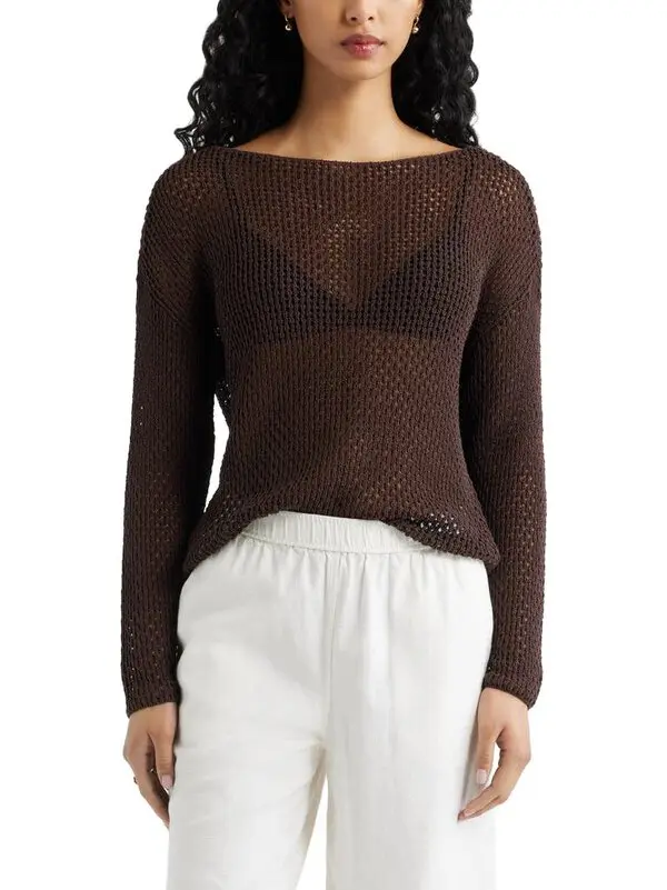 OPEN EDIT Open Stitch Cotton-blend Sweater - Brown Seal