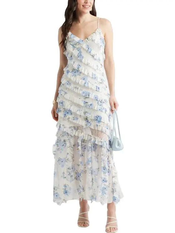 Chelsea28 Ruffle & Lace Sleeveless Maxi Dress - Blue Floral