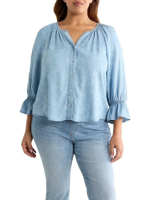 LIVERPOOL Shirred Chambray Button-up Top - Rose Ice