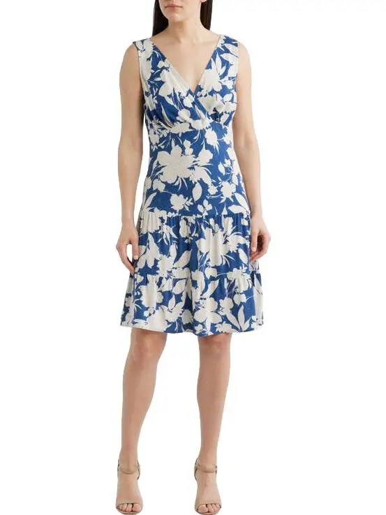 CONNECTED APPAREL Print Wrap Front Flare Dress - Demin