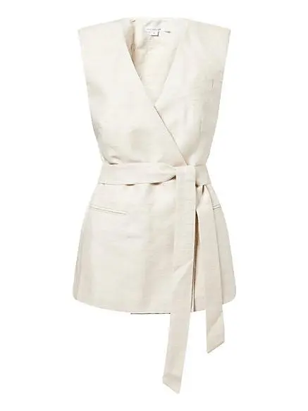 Good American Belted V-neck Woven Vest - Oat
