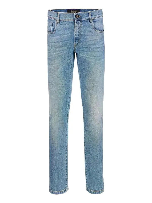 BILLIONAIRE Straight Leg Jeans With Leather Patch - Blue