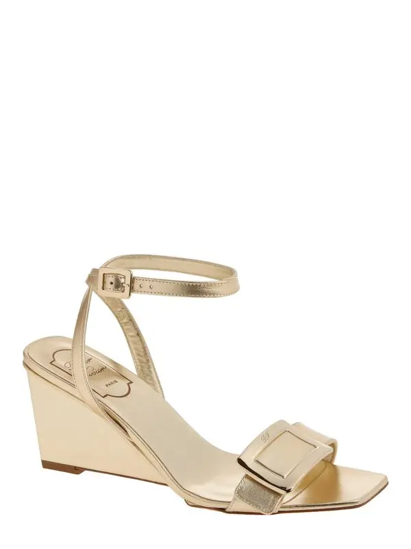 ROGER VIVIER Belle Vivier Metallic Ankle Strap Wedge Sandals - Gold