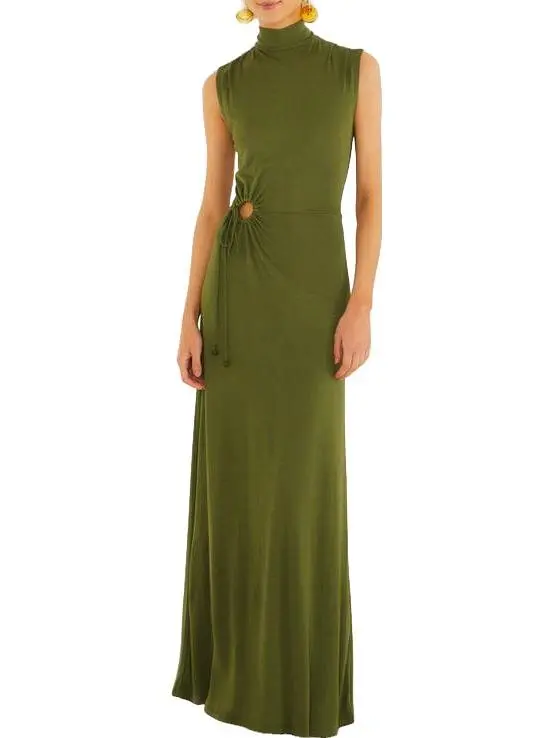 Farm Rio High Neck Cutout Maxi Dress - Dark Green