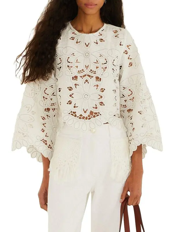 Farm Rio Flowers Richelieu Blouse - Off-white