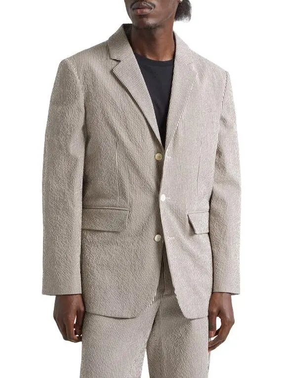 BODE Café Stripe Cotton Stretch Seersucker Sport Coat - Brown White