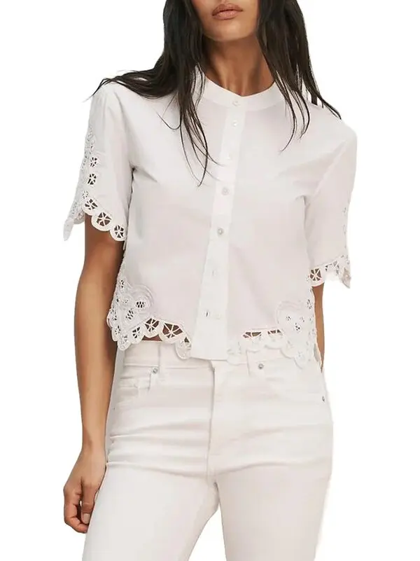 Veronica Beard Aleck Eyelet Embroidery Button-up Top - White