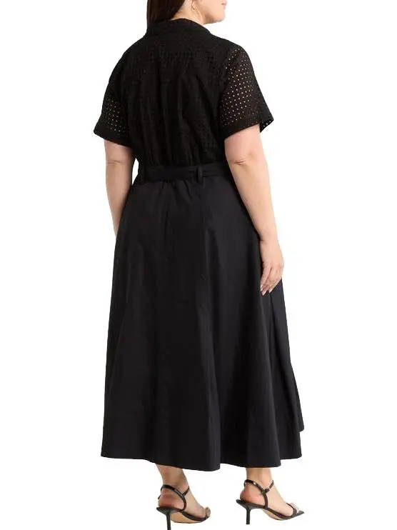 Halogen Eyelet Embroidery Midi Shirtdress - Rich Black 060