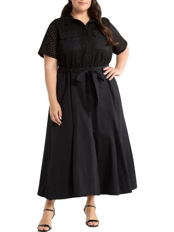Halogen Eyelet Embroidery Midi Shirtdress - Rich Black 060