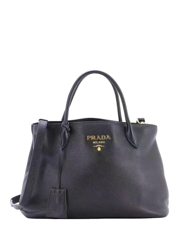 Prada Dual Strap Convertible Open Tote Vitello Daino Medium Satchel - Black