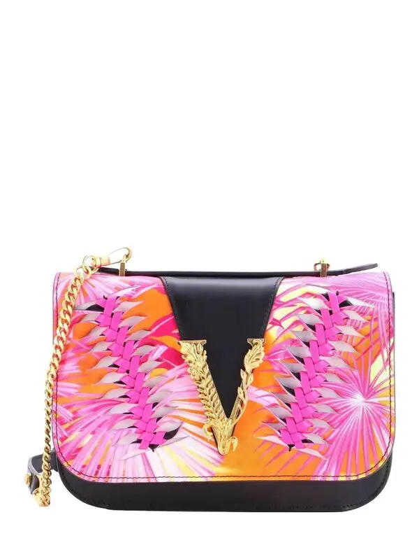 Versace Virtus Flap Shoulder Bag Printed Leather With Braided Detail - Black