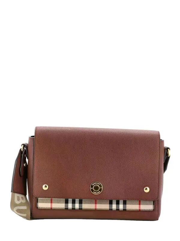 Burberry Note Leather Vintage Check Canvas Medium Crossbody Bag - Brown