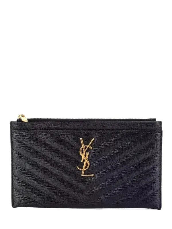 Saint Laurent Classic Monogram Zip Bill Matelasse Chevron Leather Medium Pouch - Black