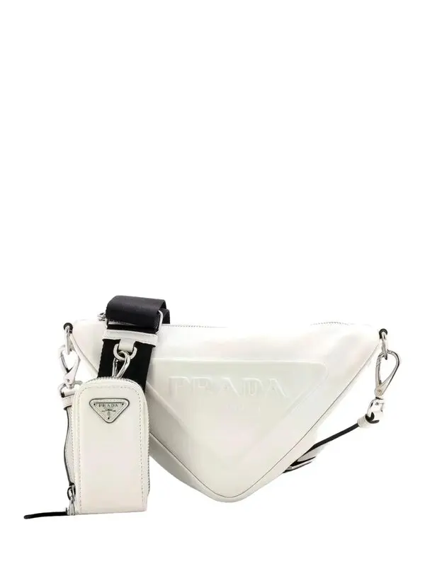 Prada Triangle Logo Zip Leather Small Crossbody Bag - White