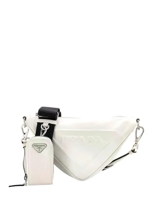 Prada Triangle Logo Zip Leather Small Crossbody Bag - White