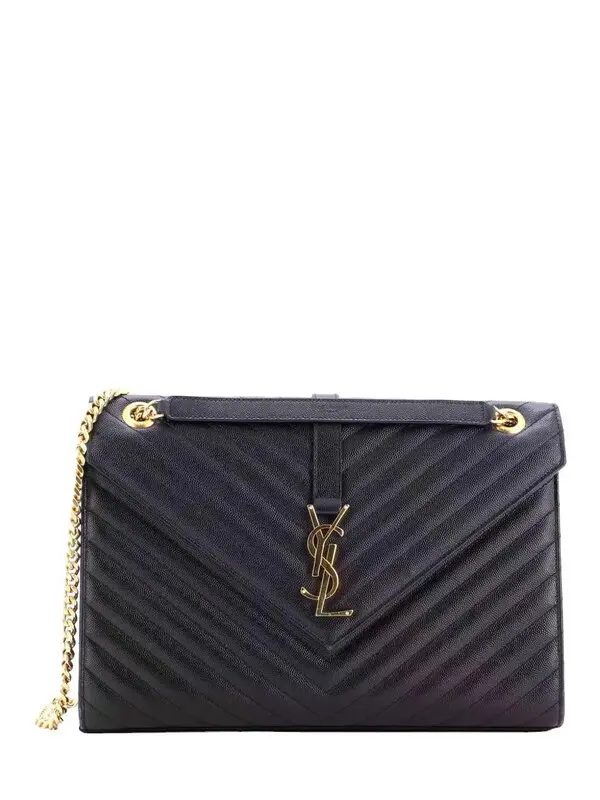 Saint Laurent Classic Monogram Envelope Satchel Matelasse Chevron Leather Large Shoulder Bag - Black
