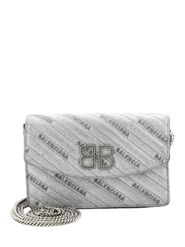 Balenciaga Bb Chain Wallet Quilted Embroidered Glitter Crossbody Bag - Silver