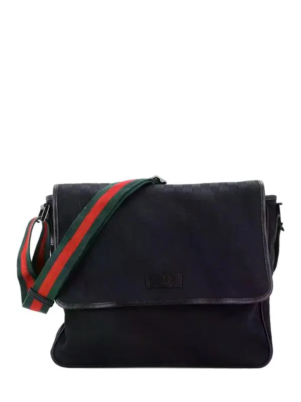 Gucci Web Strap Flap Messenger Gg Canvas Medium Crossbody Bag - Black