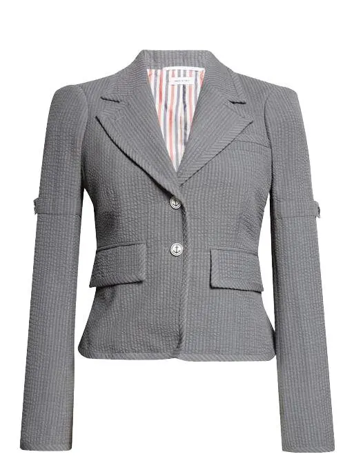 Thom Browne Crop Sculpted Shoulder Wool Seersucker Jacket - Light Grey