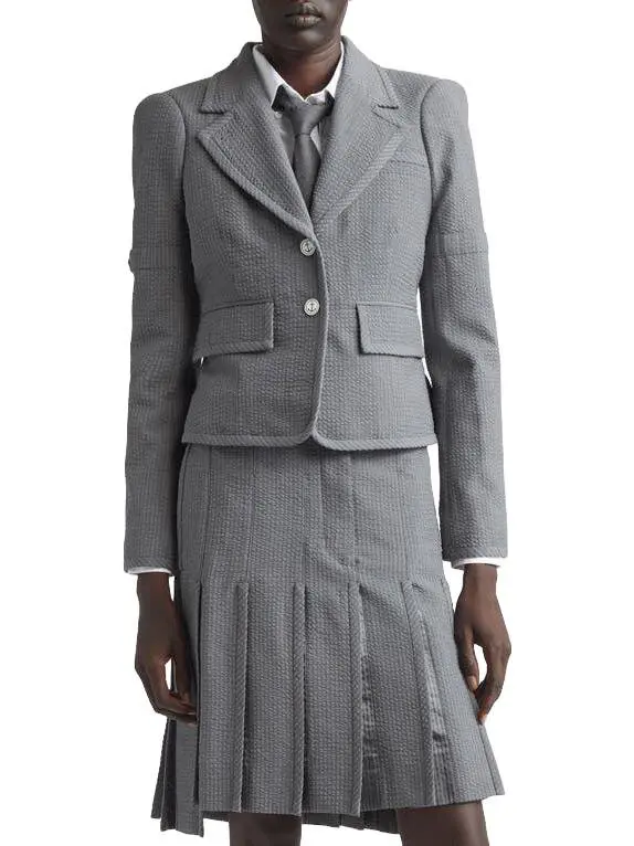 Thom Browne Crop Sculpted Shoulder Wool Seersucker Jacket - Light Grey