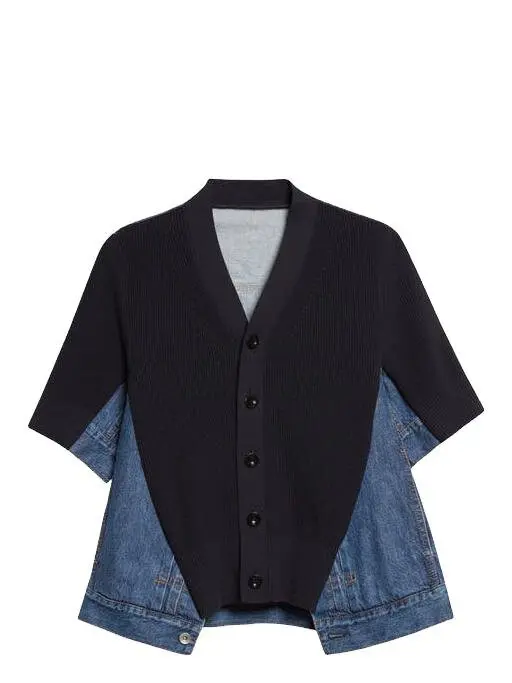 Sacai Mixed Media Knit & Denim Cardigan - Navy/blue
