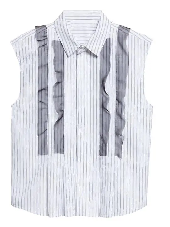 Sacai Stripe Poplin & Chiffon Button-up Shirt - Off White Stripe