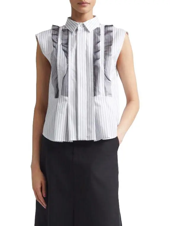Sacai Stripe Poplin & Chiffon Button-up Shirt - Off White Stripe