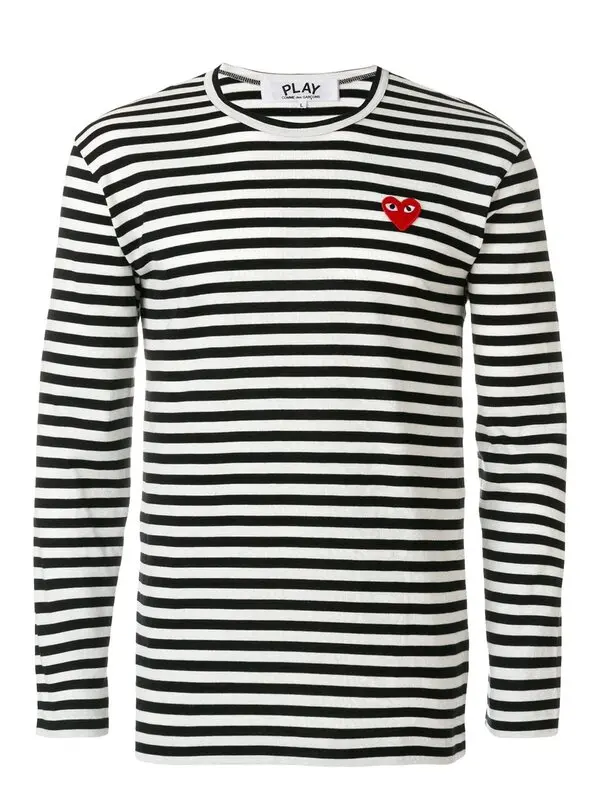 Play Comme Des Garcon Striped Red Heart Long-sleeved T-shirt - Black