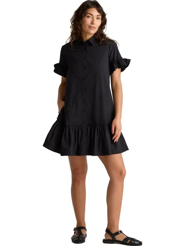Quince Poplin Short Sleeve Ruffle Shirt Dress - Black