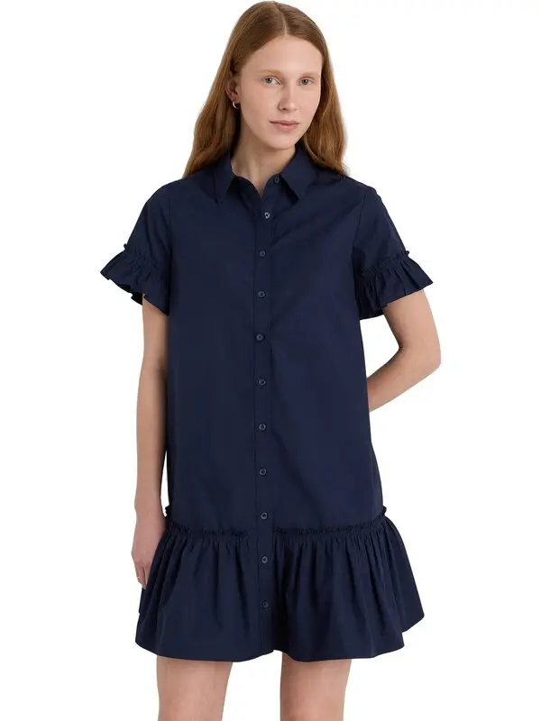 Quince Poplin Short Sleeve Ruffle Shirt Dress - Navy