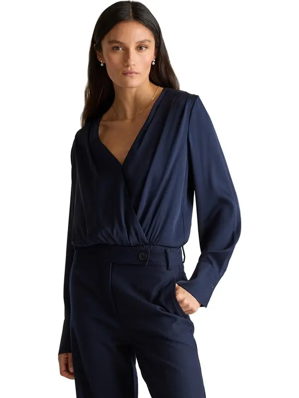 Quince Washable Stretch Silk Surplice Bodysuit - Navy