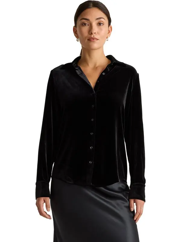 Quince Stretch Silk Velvet Long Sleeve Shirt - Black