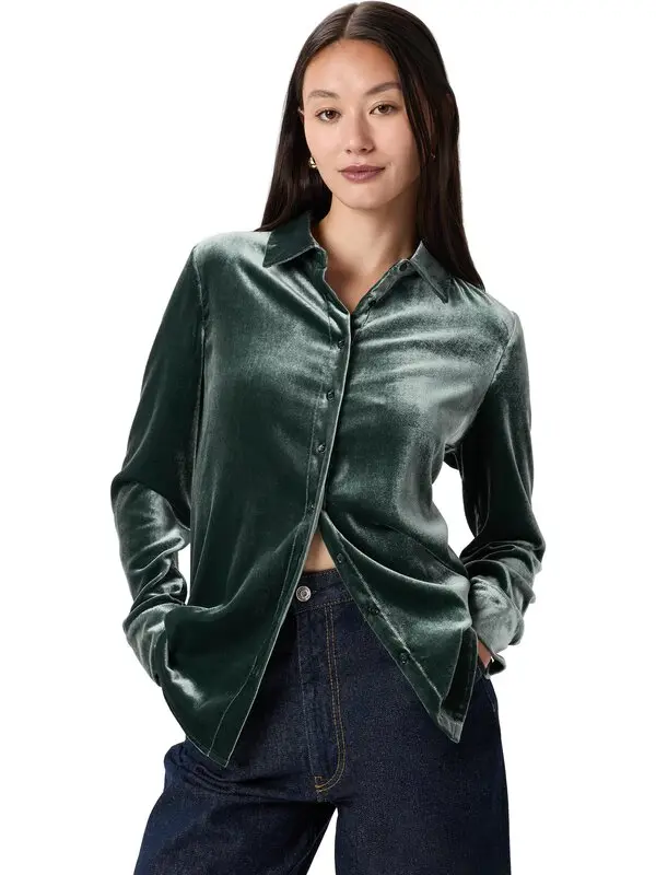 Quince Stretch Silk Velvet Long Sleeve Shirt - Forest Green