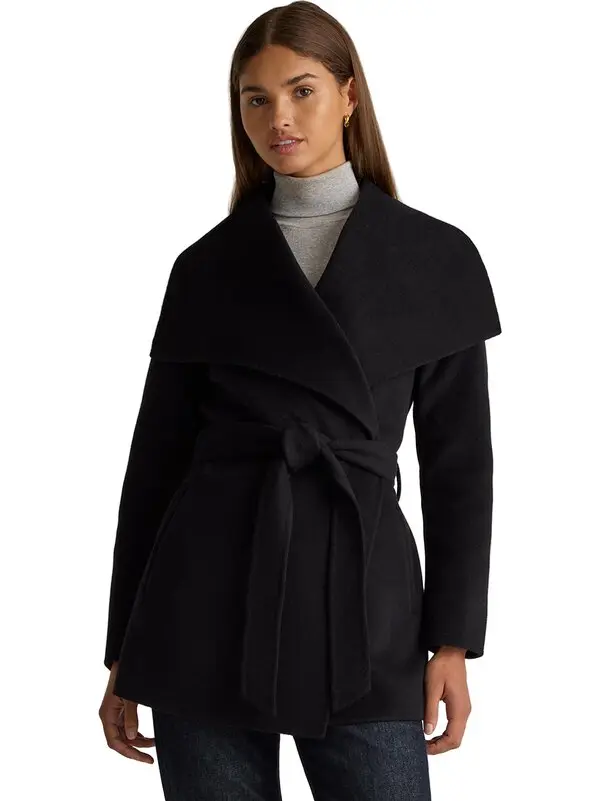 Quince Double-faced Merino Wool Draped Collar Short Wrap Coat - Black