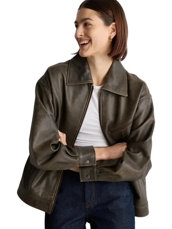 Quince Oversized Leather Bomber Jacket - Distressed Brown