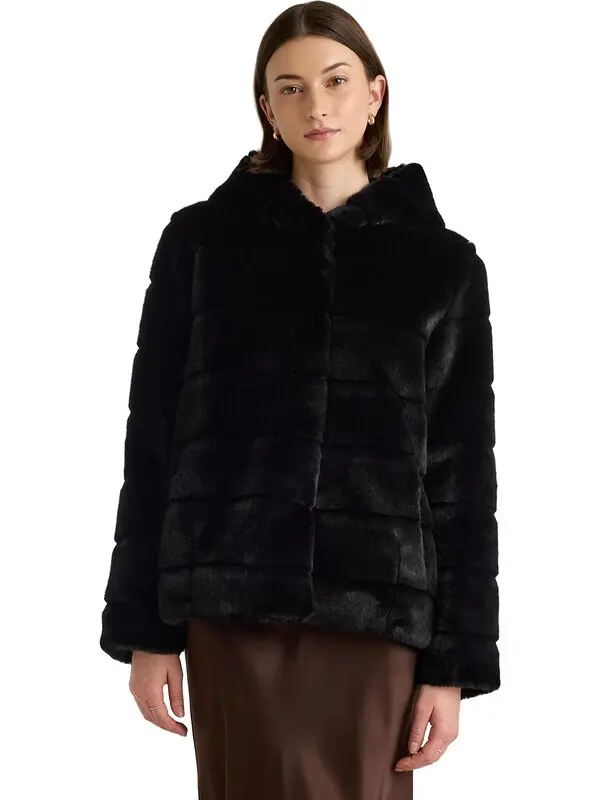 Quince Hooded Faux Fur Jacket - Black