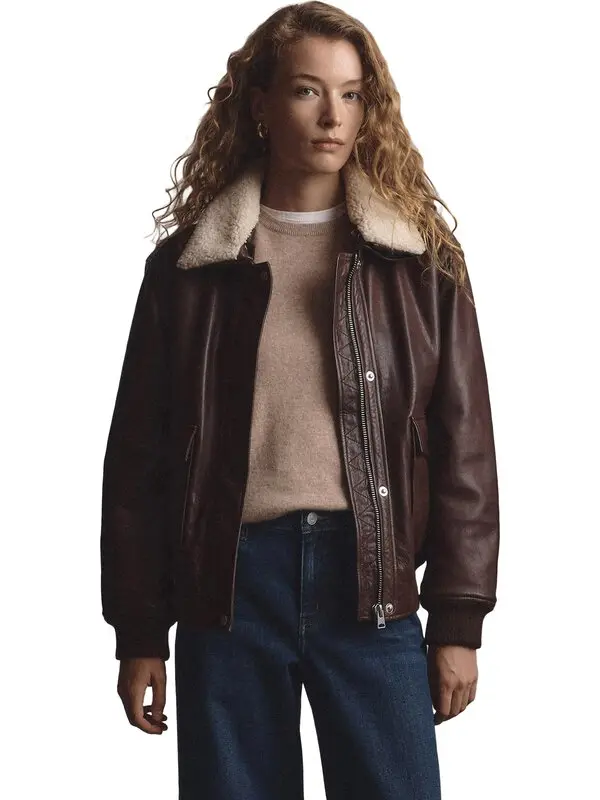 Quince Shearling Trim Aviator Jacket - Brown
