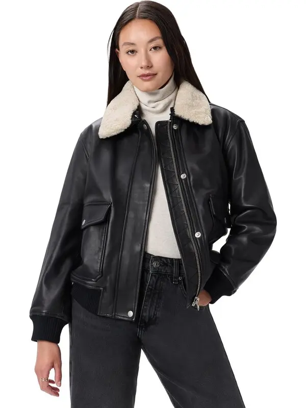 Quince Leather Shearling Trim Aviator Jacket - True Black