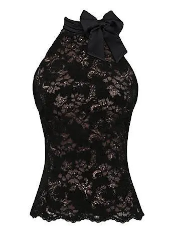 House Of Cb Natalya Detachable-bow Stretch-lace Top - Black