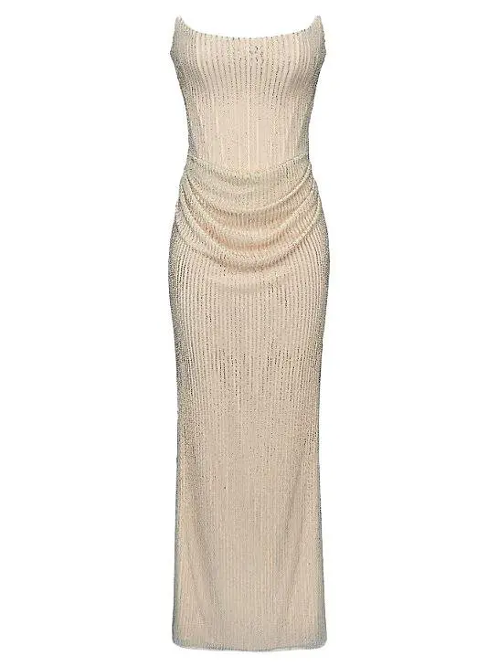 House Of Cb Arielle Bead-embellished Mesh Gown - Champagne