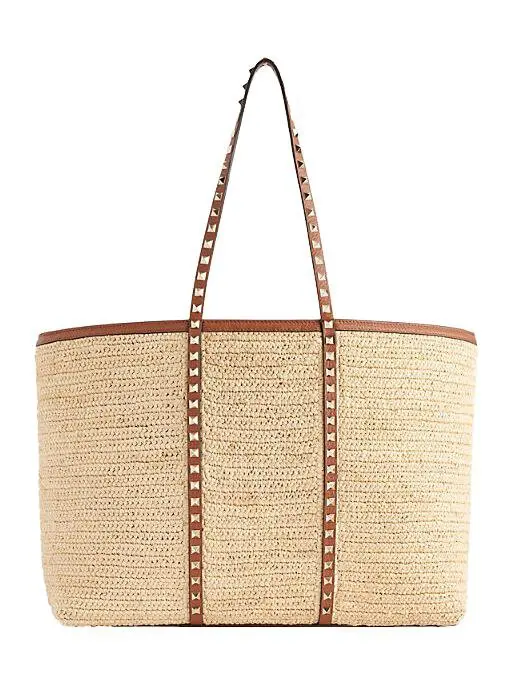 Valentino Garavani Rockstud Raffia Tote Bag - Naturale/selleria