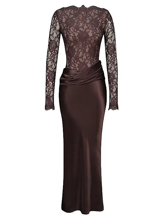 House Of Cb Lace-bodysuit Stretch-woven Maxi Dress - Espresso Brown