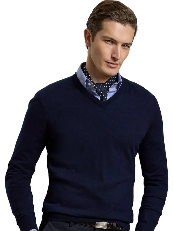 Ralph Lauren Cashmere V-neck Pullover Sweater - Classic Chairman Navy