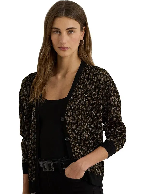 Ralph Lauren Metallic Ocelot Double-knit Cardigan - Black/relic Gold Metallic