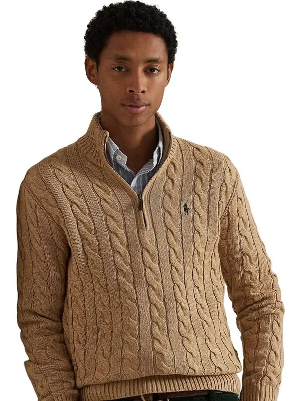 Ralph Lauren Cable-knit Quarter-zip Cotton Sweater - Camel Melange